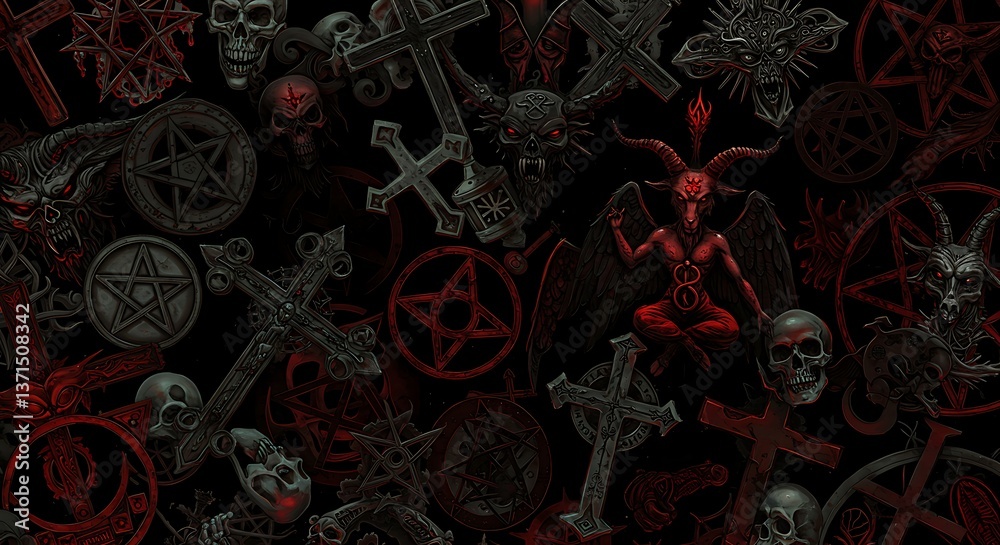 Dark Occult Symbols and Figures Illustration with Red Highlights ...
