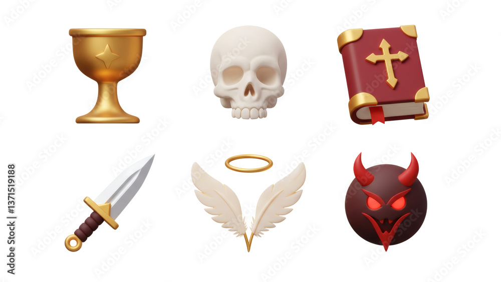 Iconic fantasy adventure set featuring hero items and symbolic objects ...