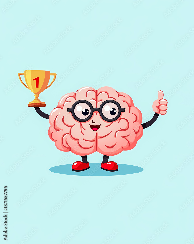 cartoon brain character holding a trophy and giving a thumbs-up gesture ...