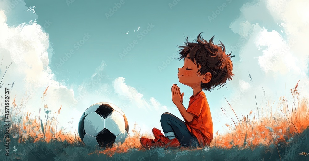 Young Boy Praying with Soccer Ball First Communion Celebration Stock ...