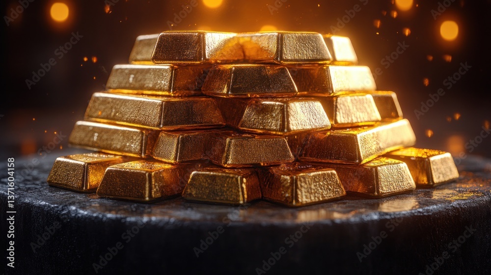 Hyper-realistic digital painting of a pile of shiny gold bars in rich ...