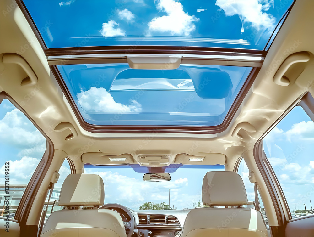 Photo of Interior Car View with Open Sunroof Revealing a Clear Blue Sky ...