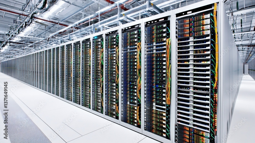 Massive server racks in a data center. Rows of interconnected ...