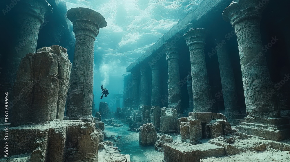 Foto de Stock Scuba diver explores ancient Egyptian temple ruins ...