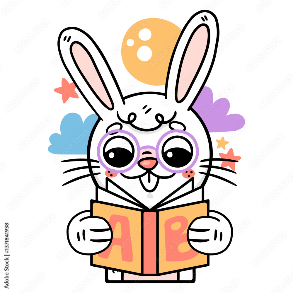 Ronnie The Bunny is happily reading a book marked with big letters “A ...