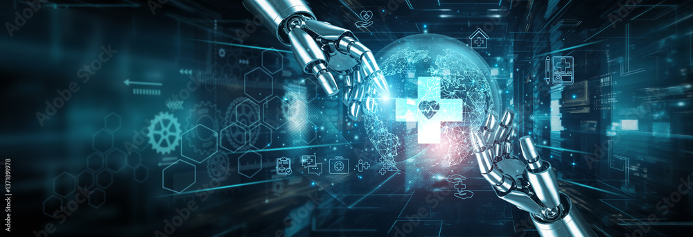 Hands of robots touching on healthcare network connections highlight robotics transforming ...