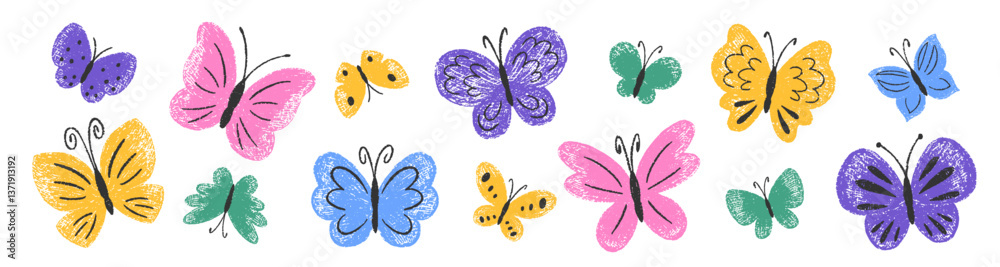 Set of color butterfly with crayon, pastel or chalk texture. Insects ...