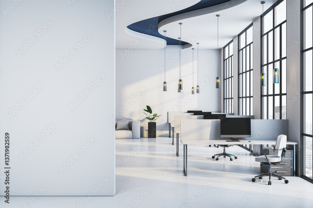 Modern office interior with workstations and large windows. 3D ...