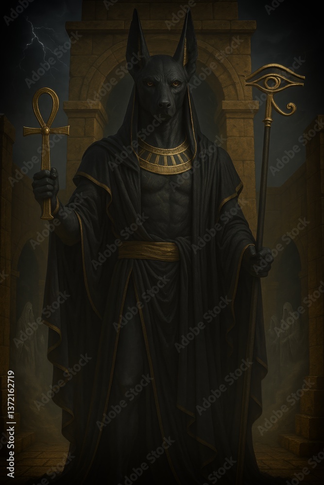 Anubis, the Egyptian god of the afterlife, depicted standing in a grand ...