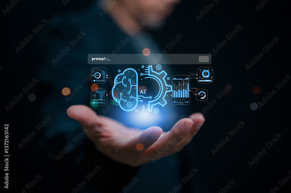 Futuristic Hand Held Interface Close Up On Ai Data Analysis Tech Dark ...