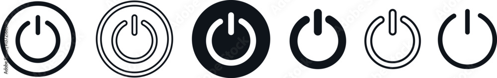 Set of Power Button Icons. Collection of Black, Outline, and Filled On/Off Symbols for User ...