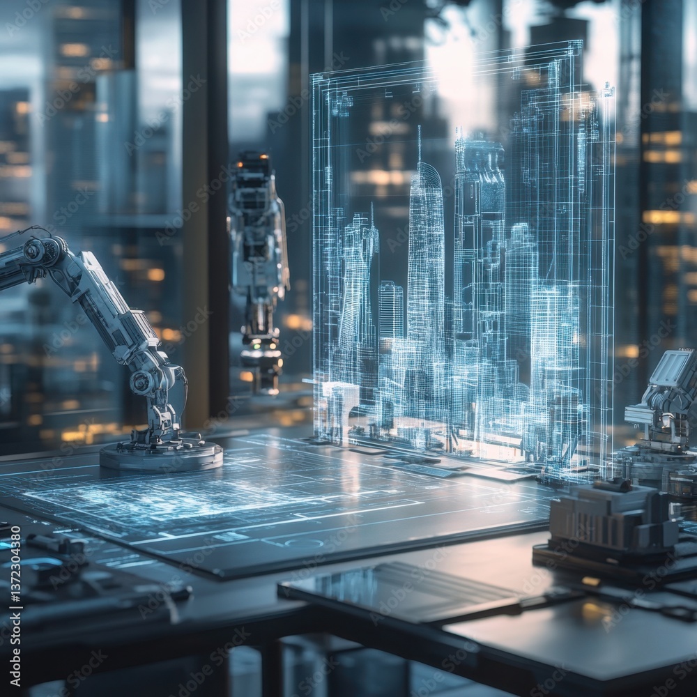 A next-gen AI-assisted architectural studio, holographic blueprints ...