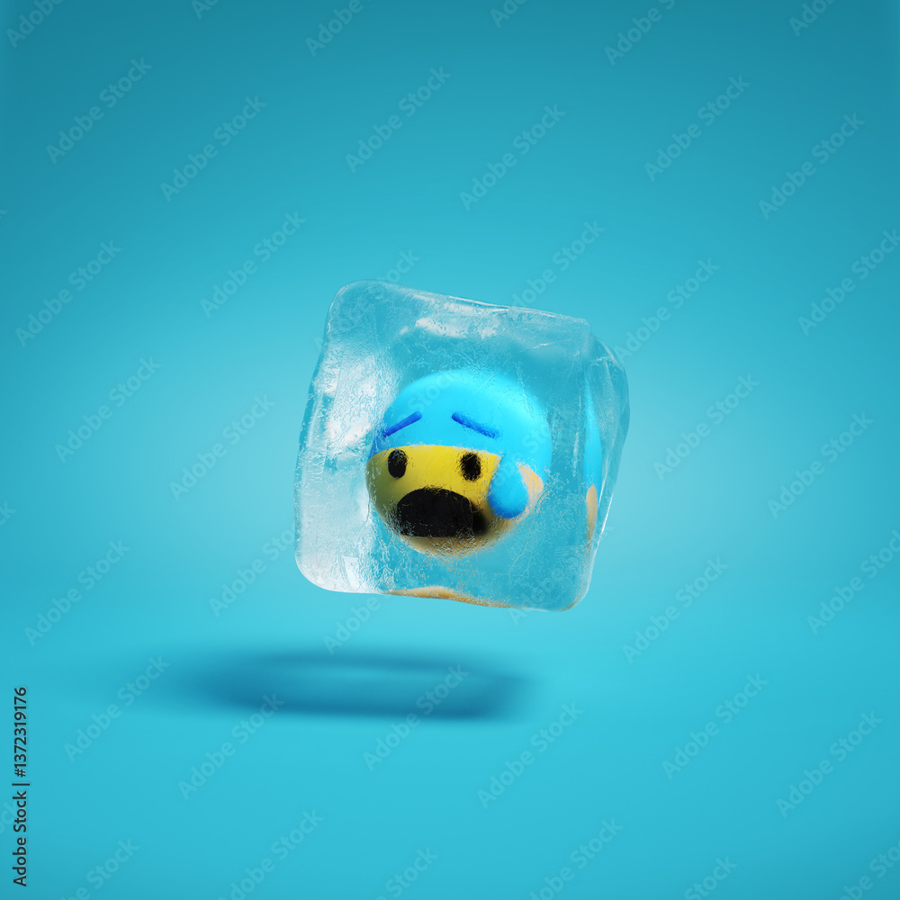Anxious face with sweat emoji inside ice cube. Sad face emoticon with a ...