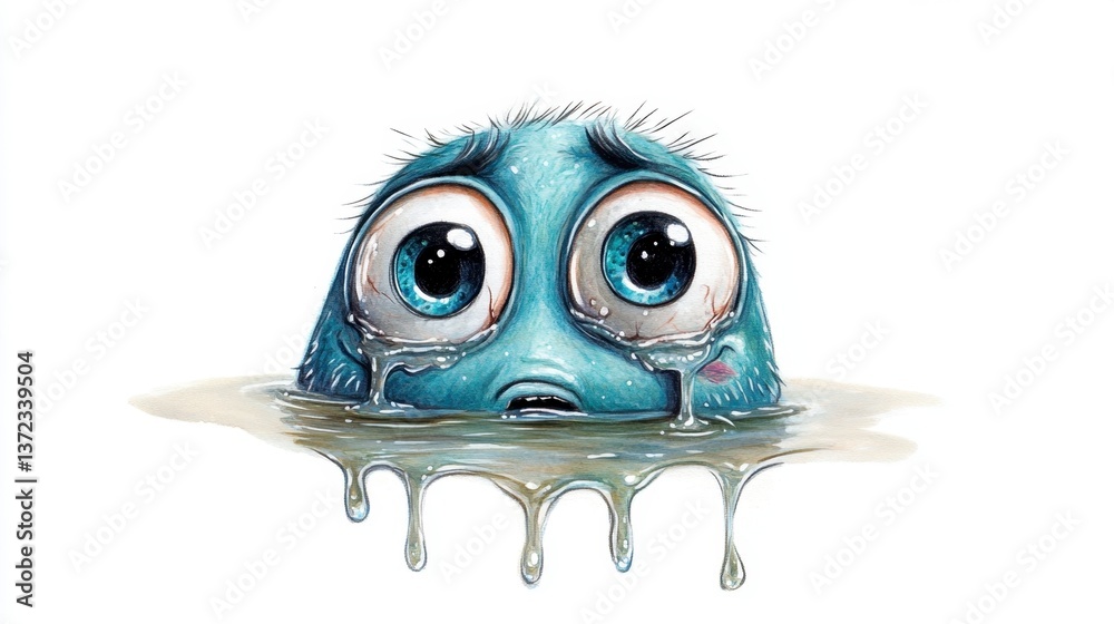 Sad blue creature submerged in muddy water, large eyes, dripping tears ...