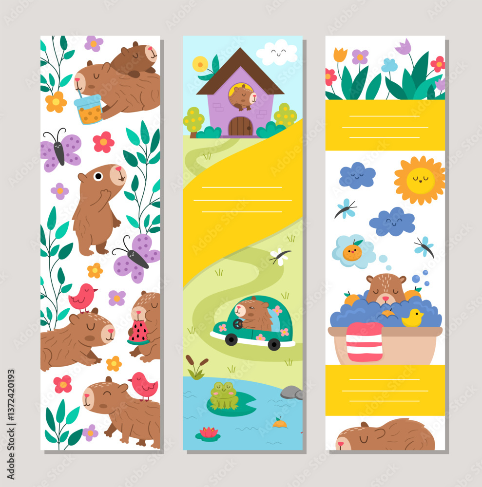Cute capybara bookmarks set with funny relaxing animal. Vector cartoon ...