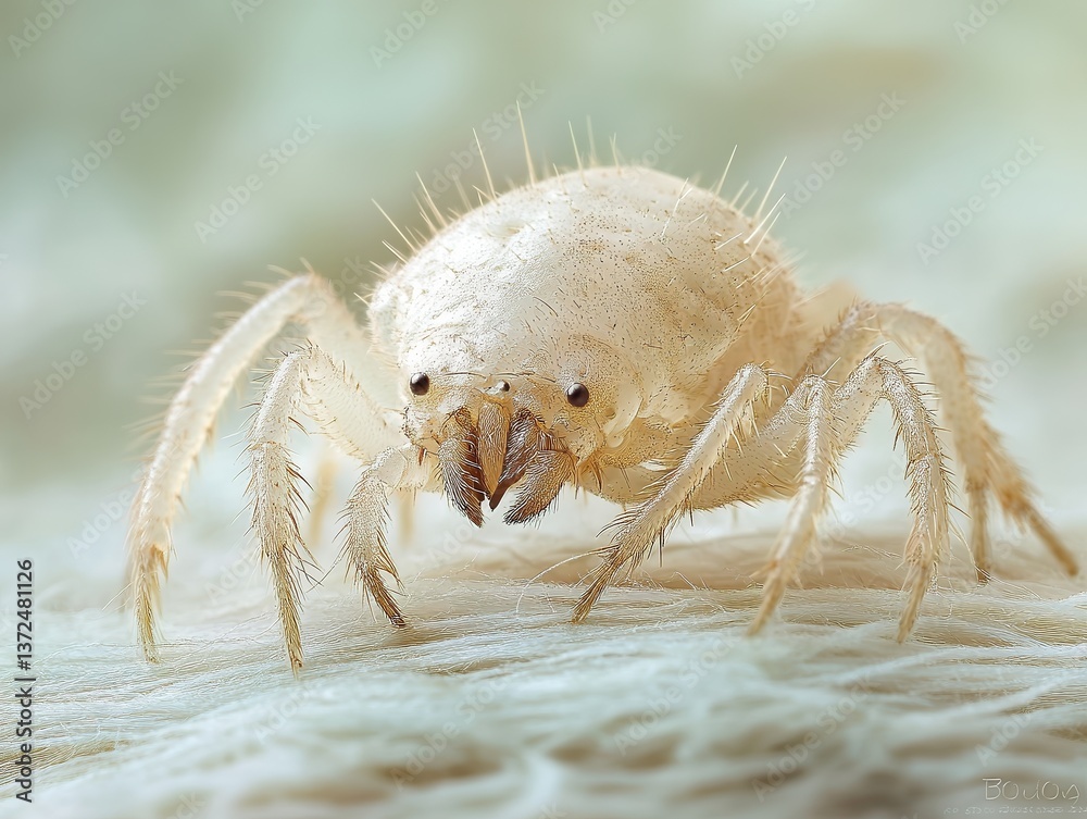 Dust mite with spiny body on fabric fibers under microscope, high ...
