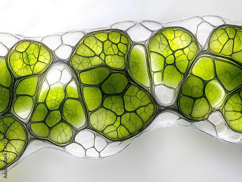 Microscopic leaf cross-section shows vibrant green chloroplasts inside ...