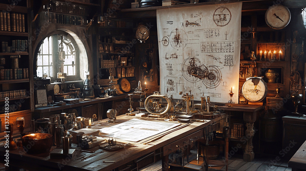Medieval Inventor's Workshop. An old medieval workshop with blueprints ...