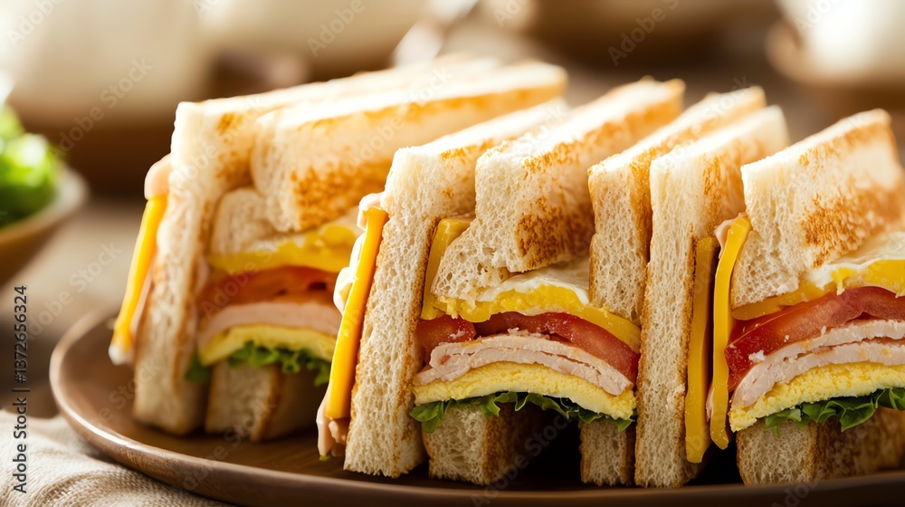 Club sandwich made with crustless soft sandwich bread, filled with ham ...