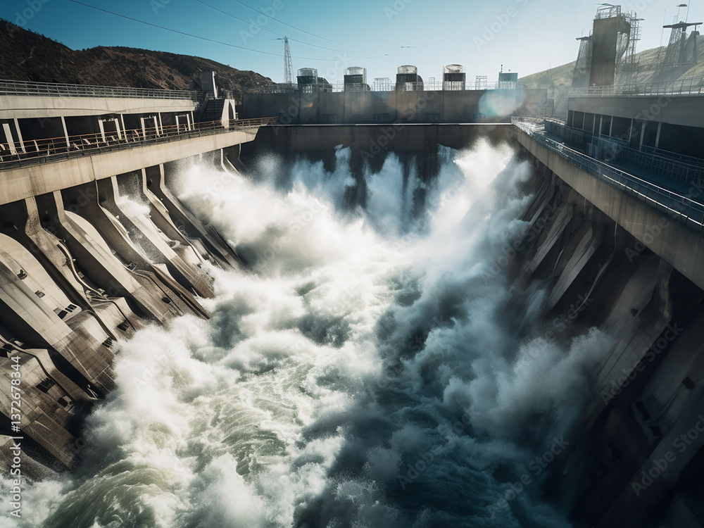 Hydroelectric dam releases massive water flow while powerful turbines ...