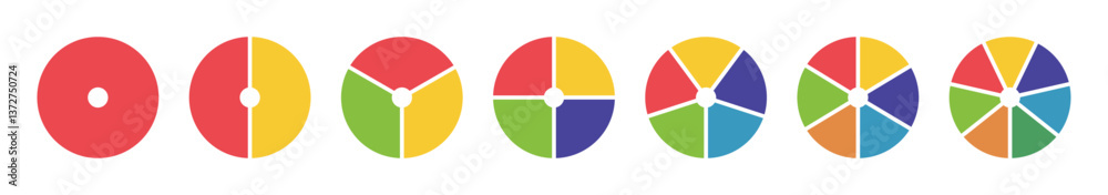Donut chart icons. Pies segmented on from 1 to 7 equal parts. Wheels divided in sections ...