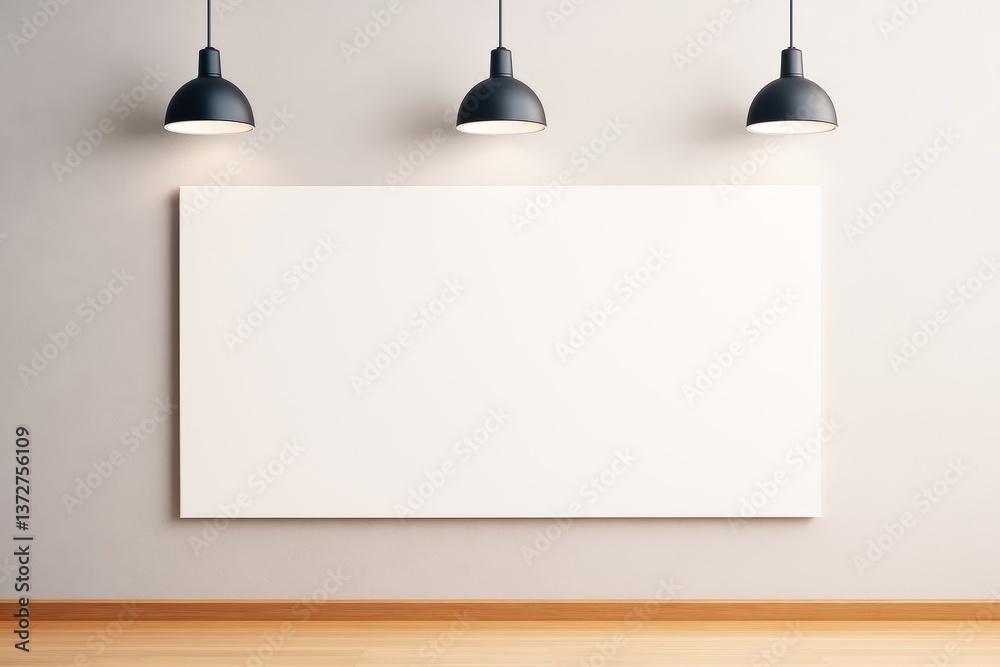 Blank horizontal poster mockup hanging on a beige wall under three ...