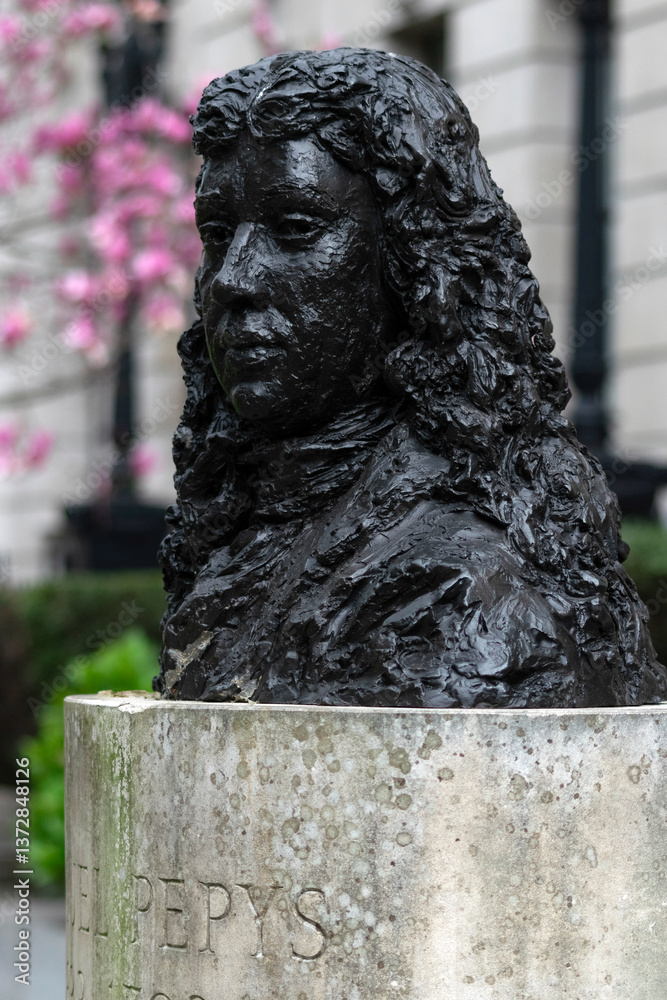 LONDON, UK - MARCH 26, 2025: Memorial bust of Samuel Pepys in Seething ...