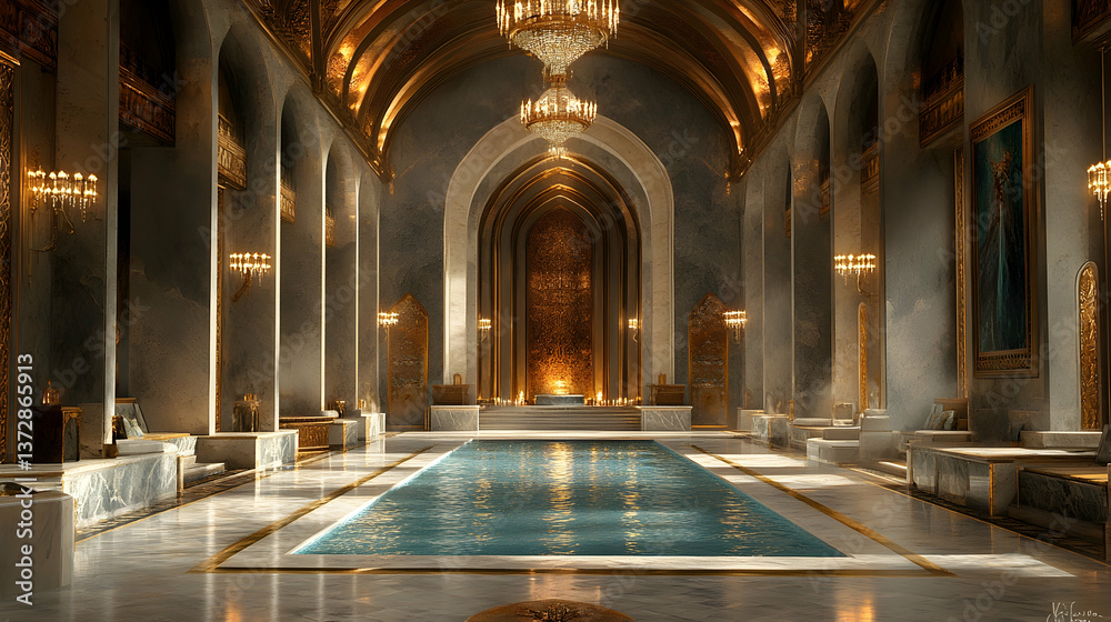 Grand Golden Hall with Azure Pool Elegant Interior Featuring Marble ...
