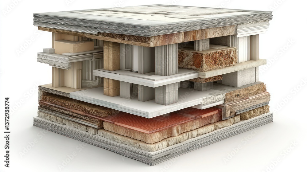 Cross-section of building materials. Layered construction components ...
