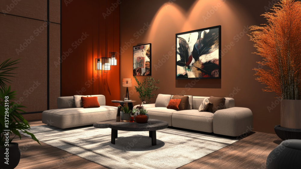 A modern living room designed in the 2025 Mocha Mousse color trend ...