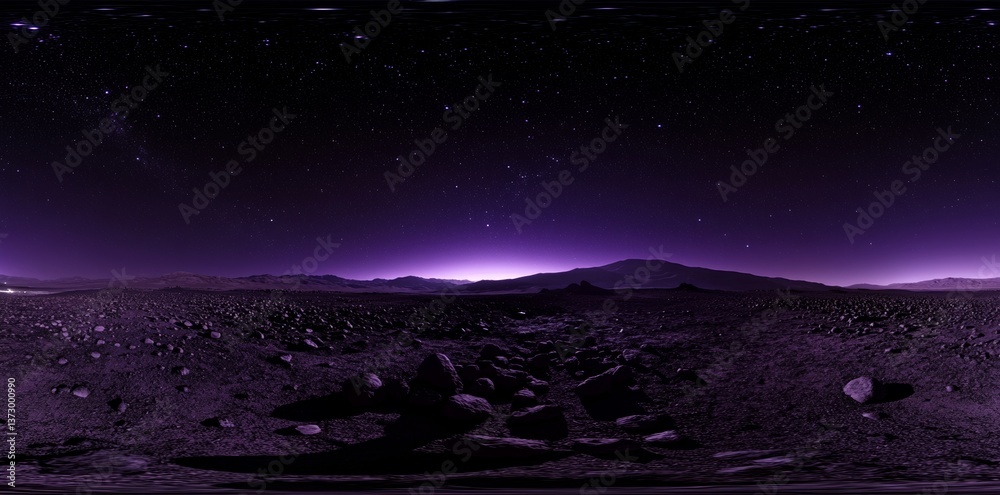 The night alien desert landscape features a 360 degree starry night sky ...