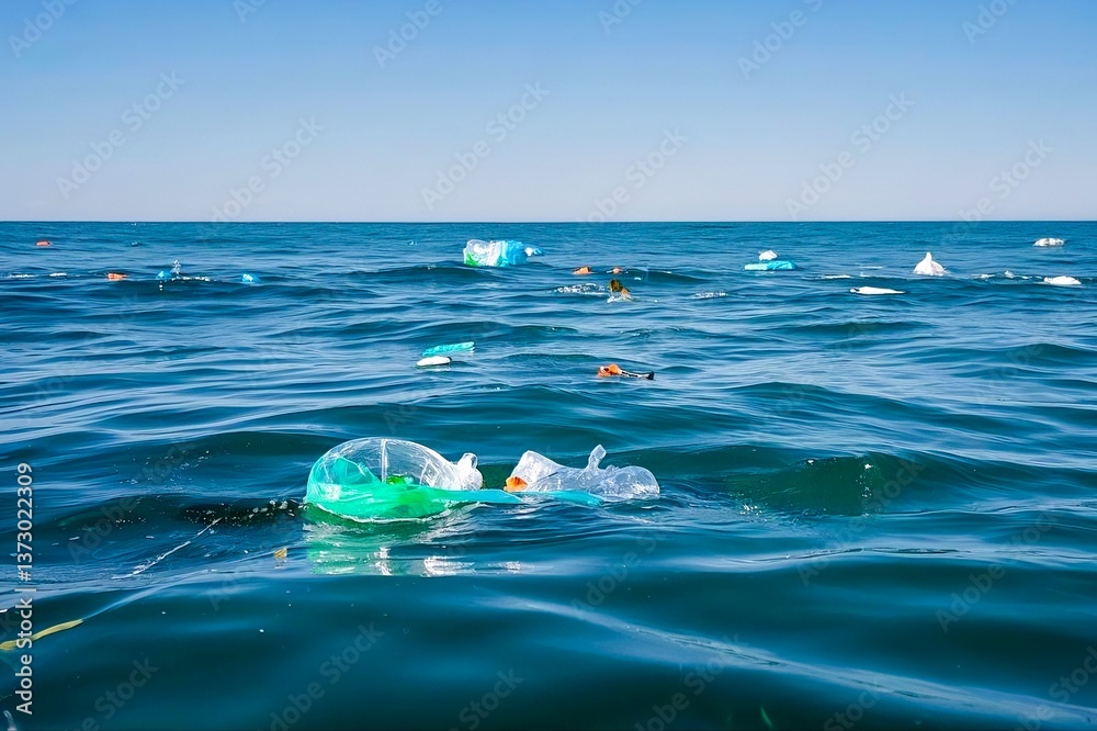 Ocean pollution. A sea surface littered with plastic bottles, debris ...