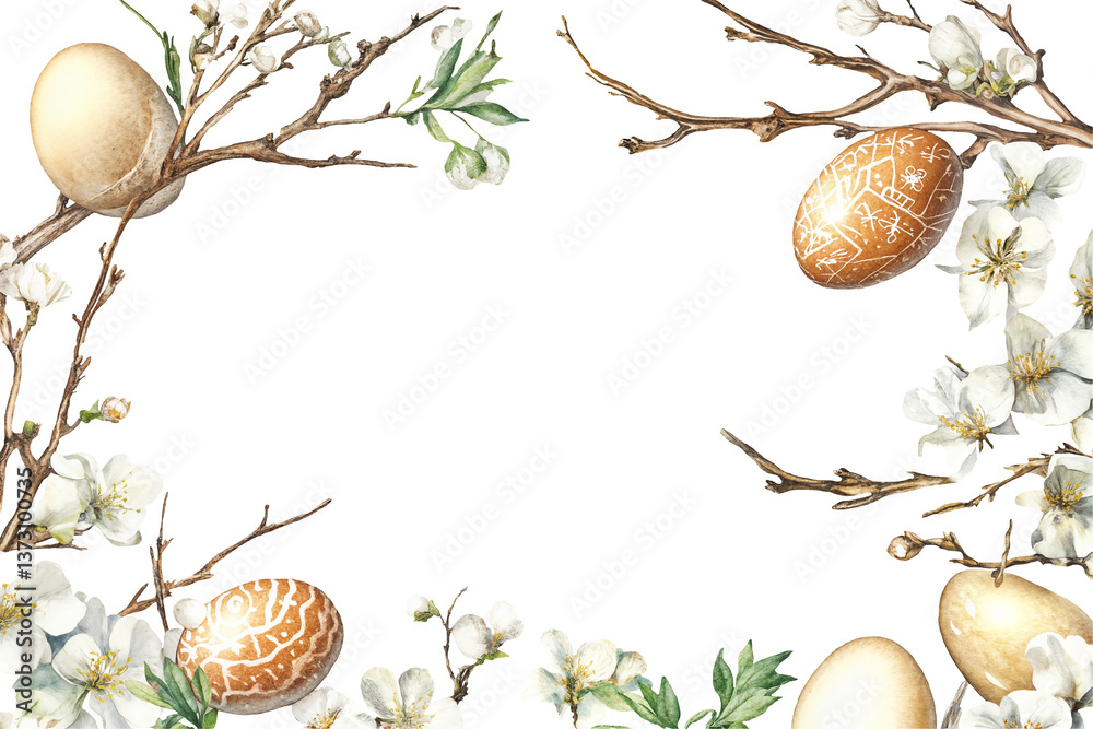 Easter border frame with colorful eggs, white spring flowers,leaves and ...