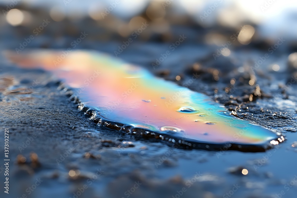 Rainbow-colored oil slick on wet asphalt creates iridescent pattern ...