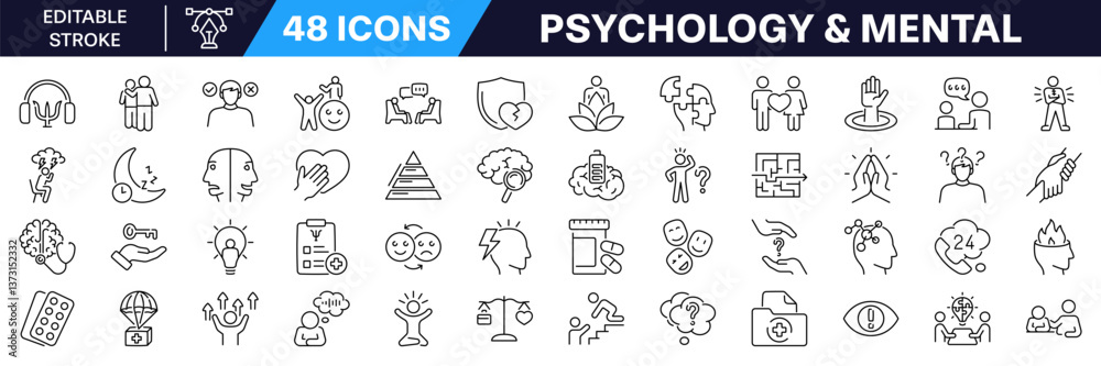 Psychology and mental icon set. Linear style. Editable Stroke. Stock ...