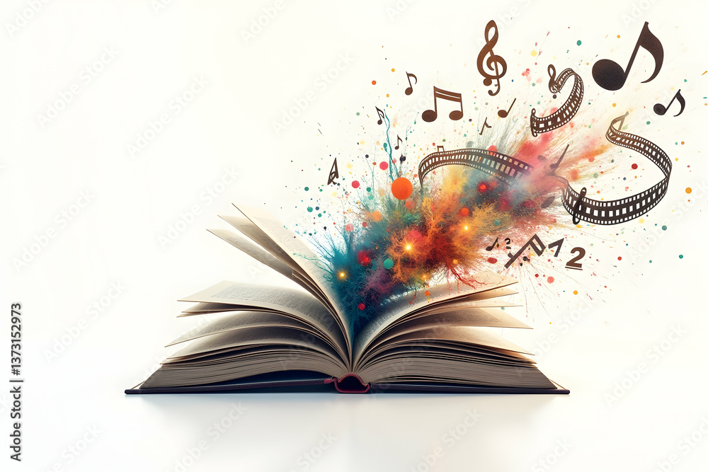 Foto de Stock Vibrant musical world emerging from an open book, where ...