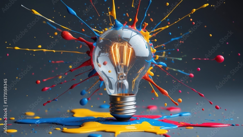 Light bulb shines. Red blue yellow paint splashes around clear glass ...