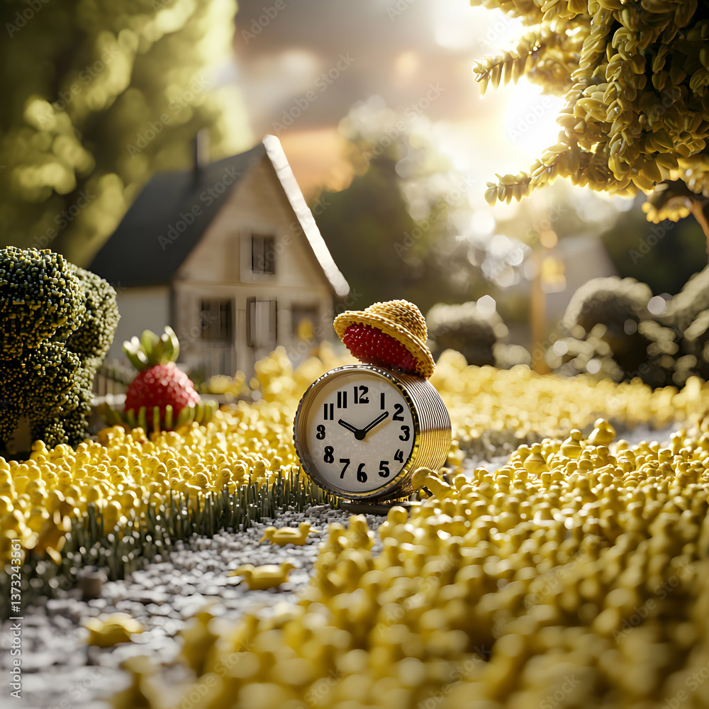 Miniature Alarm Clock Amidst Yellow Ducks at Sunset Stock Photo | Adobe ...