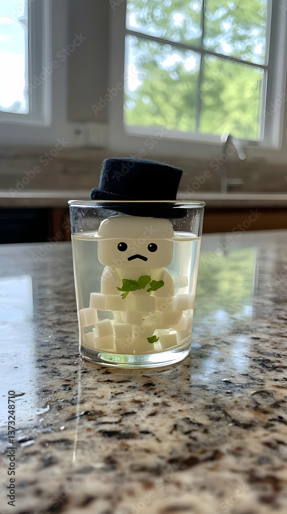 Miniature Snowman in Glass of Water on Kitchen Counter Stock Photo ...