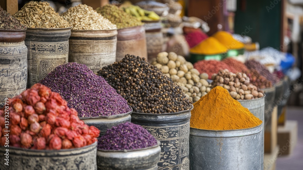 A market stall in a Middle Eastern bazaar displaying mounds of fresh ...