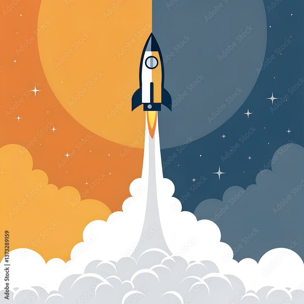 Minimalist space themed rocket launch artwork with bold colors, star ...