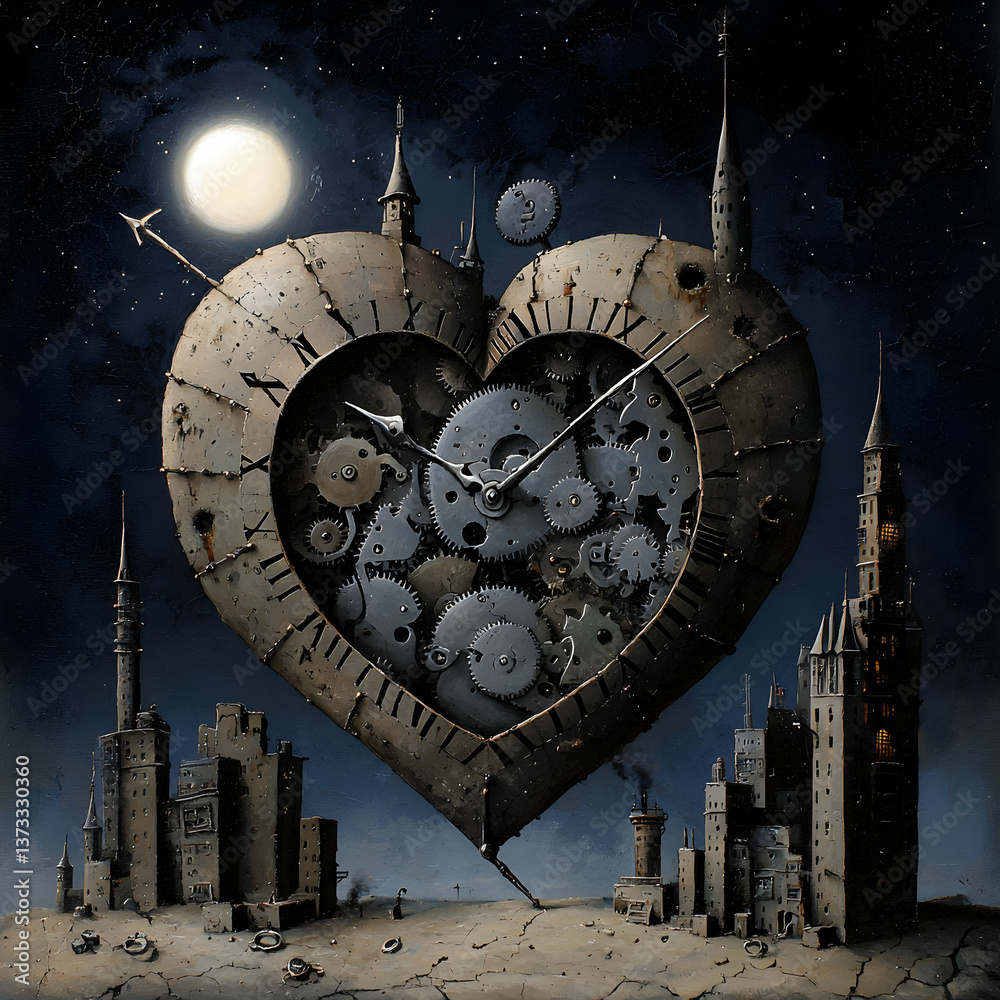 Surreal Mechanical Heart Clock above City at Night Stock Photo | Adobe ...