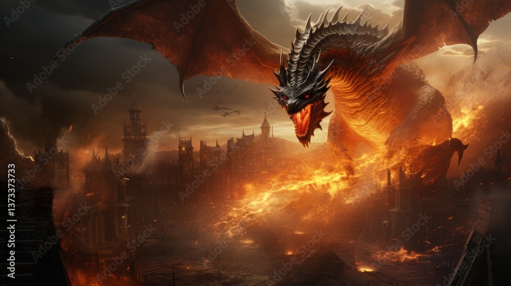 Mad dragon destroying the world. Angry reptile with a growl attacking a ...