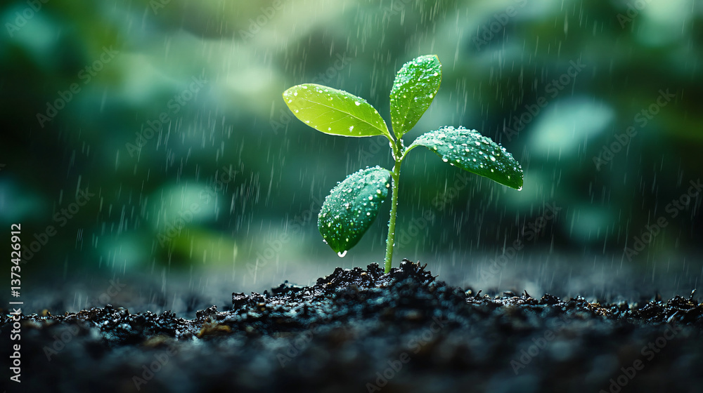 Emerging seedling in rain, a symbol of resilience & new beginnings ...