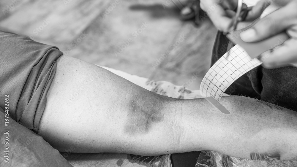 Physiotherapist treats a muscle tear in a patient's leg using elastic ...