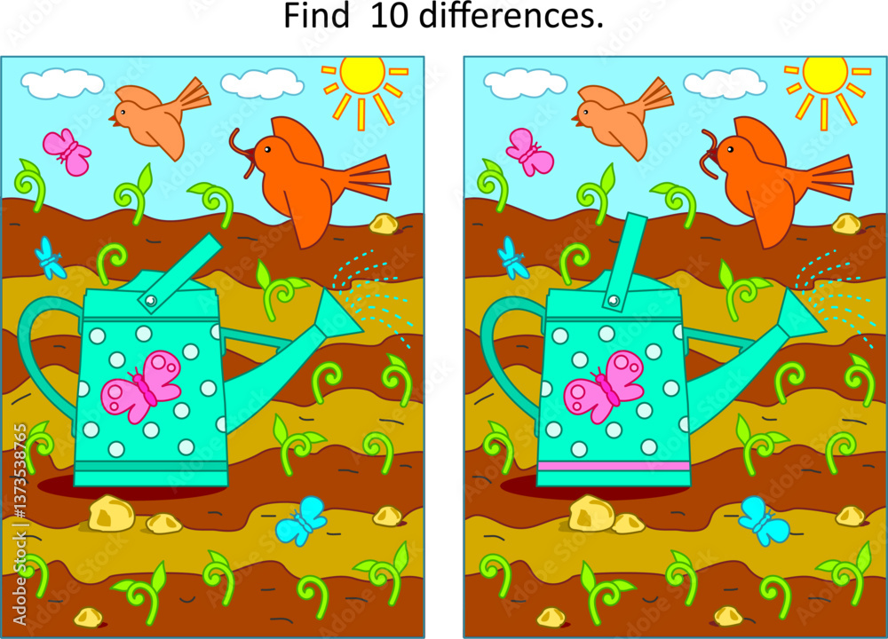 Difference game with watering can in a springtime garden. Find 10 ...