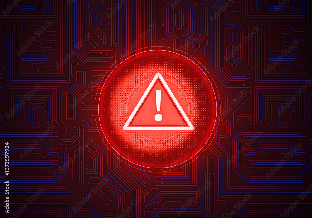 Warning Sign of digital risk: A luminous red warning sign in the shape ...