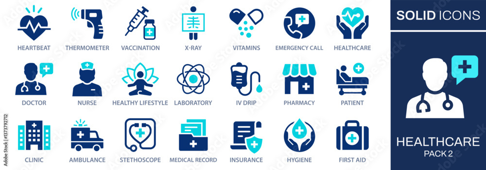 Healthcare icon set. Collection of nurse, IV drip, ambulance, doctor ...