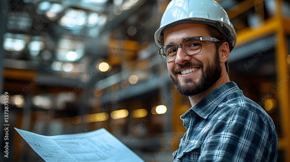 Civil engineer smiling while reviewing infrastructure development at a ...