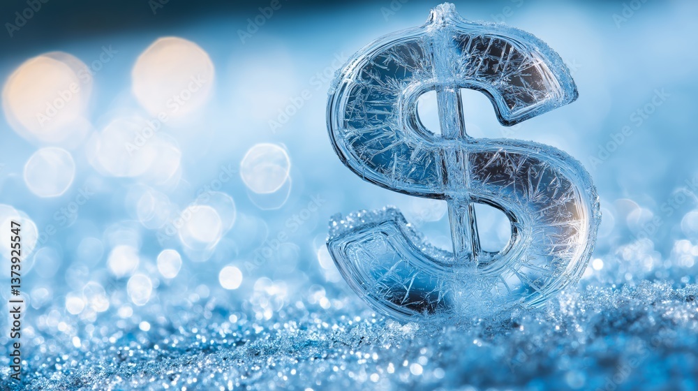 Frozen dollar symbol made of ice with frosty texture and sparkling blue ...